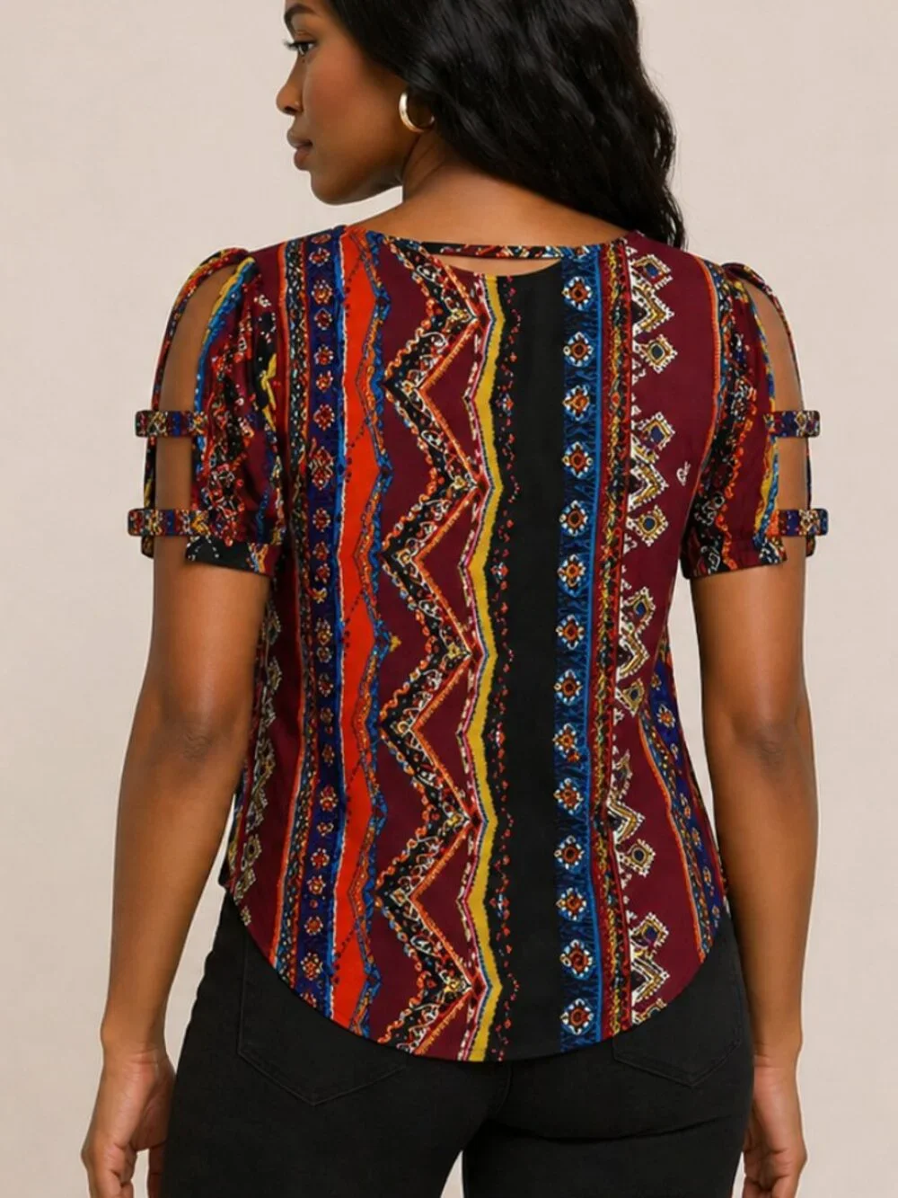 Tops | Boho Tribal Print Cold Shoulder Blouse Vibrant Geometric Pattern ...